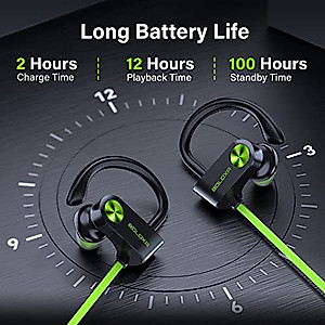 BOLOXA Bluetooth Headphones 5.3 Wireless Earbuds IPX7 Waterproof & 12Hrs Long Battery Over-Ear Stereo Bass Earphones with Earhooks Running Headset with Mic & Storage Bag for Workout Gym Sports Black