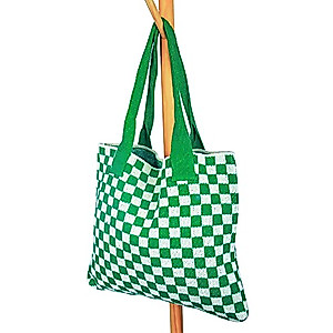 Stizimn Crochet Tote Bag for Women Shoulder Bag Handbags Knitting Hobo Bag Aesthetic Handmade Weaving Large Capacity (Checkerboard Pattern Green)