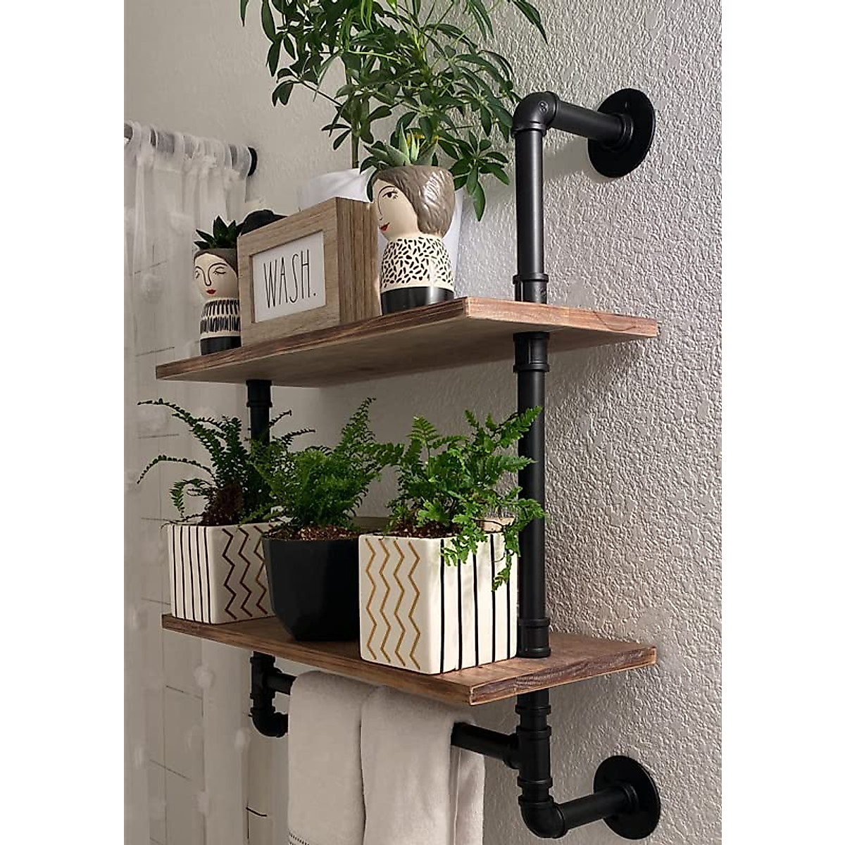 ROGMARS Industrial Pipe Shelving,Iron Pipe Shelves Industrial Bathroom Shelves with Towel bar,24 in Rustic Metal Pipe Floating Shelves Pipe Wall Shelf,2 Tier Industrial Shelf Wall Mounted with Hook