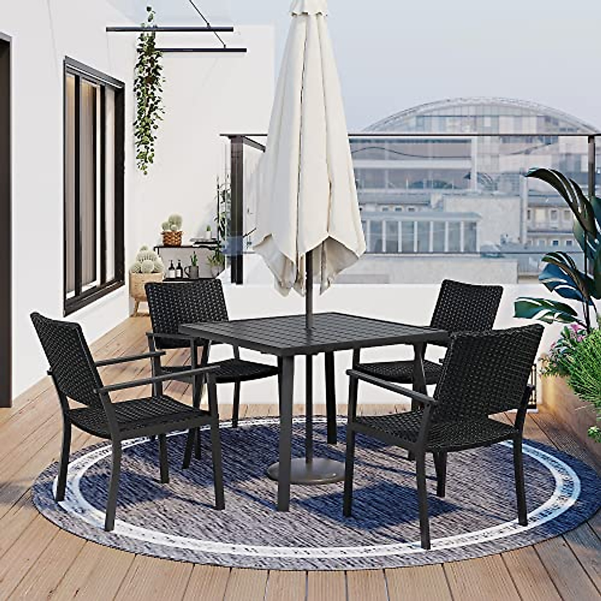 Goohome 5-Piece Patio Furniture Set with Umbrella Hole, All Weather PE Wicker Durable Outdoor Dining TableSet and 4 Rattan Chairs, for Porch Garden Poolside Backyard, Multi-Scene Use