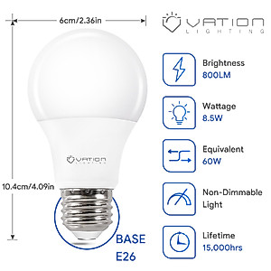 VATION LIGHTING 24 Pack A19 LED Light Bulb Daylight 5000K LED Bulbs, 60 Watt Equivalent, Efficient 8.5 Watt, 800 Lumens, E26 Medium Base, Non-Dimmable, ETL/UL Listed