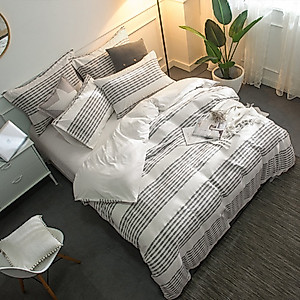 Merryfeel Cotton Duvet Cover Set King Size,100% Cotton Yarn Dyed Textured Striped Duvet Cover and Pillowshams Grey Color,3 Pieces Bedding Set