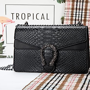 GLOD JORLEE Trendy Chain Crossbody Bags for Women - Luxury Snake-Print Leather Shoulder Satchel Bag Evening Clutch Purse Handbags (001-black)