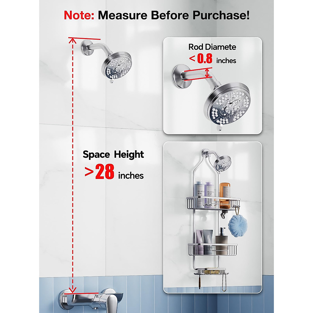 Adjustable Shower Caddy Hanging, EUHOME Never Rust Shower Organizer, Aluminum 3-Tier Large Capacity Shower Caddy Over Showerhead with Hooks, Soap/Razor Holder
