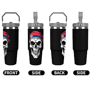 Serbian Serb Flag Skull 30 OZ Insulated Tumblers with Handle And Straw Leakproof Vacuum Insulated Stainless Steel Water Bottle for Car Fishing Travel