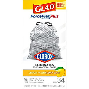 Glad ForceFlexPlus with Clorox Tall Trash Bags, 13 Gal, Lemon Fresh Bleach, 34 Ct, Pack May Vary