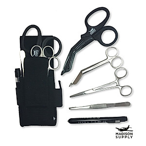 Madison Supply - EMT and First Responder Medical Tool Kit: Adjustable Nylon Belt Pouch, Premium First Aid Gear: EMT Shears, 5.75" Bandage Scissors, 5.75" Forceps, 6" Hemostat, and Pupil Light