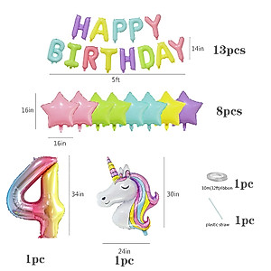 Large number 4 balloon 4th birthday unicorn birthday decorations for girls party decorations Rainbow Balloons 4 year old birthday decorations