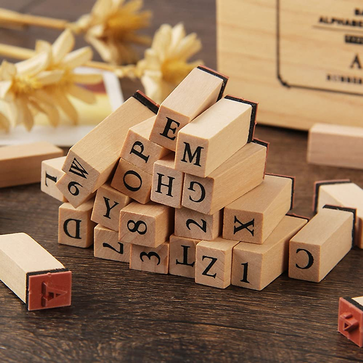 36 Pieces Wooden Rubber Letters Number Stamp, Alphabet Vintage Stamps Set for Card Making, DIY Clay Craft Scrapbooking, with Ink Pad and Box (A#)
