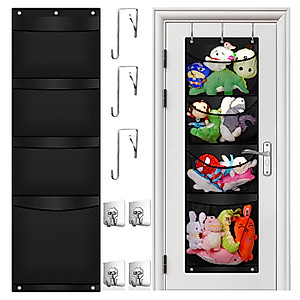 bmhlinyi Over Door Stuffed Animal Storage, Stuff Animals Organizer and Toy Plush Storage，With 4 Large Breathable Storage Pockets, Hanging Door Organizer for Nursery, Bedroom, Bathroom, Kids Room