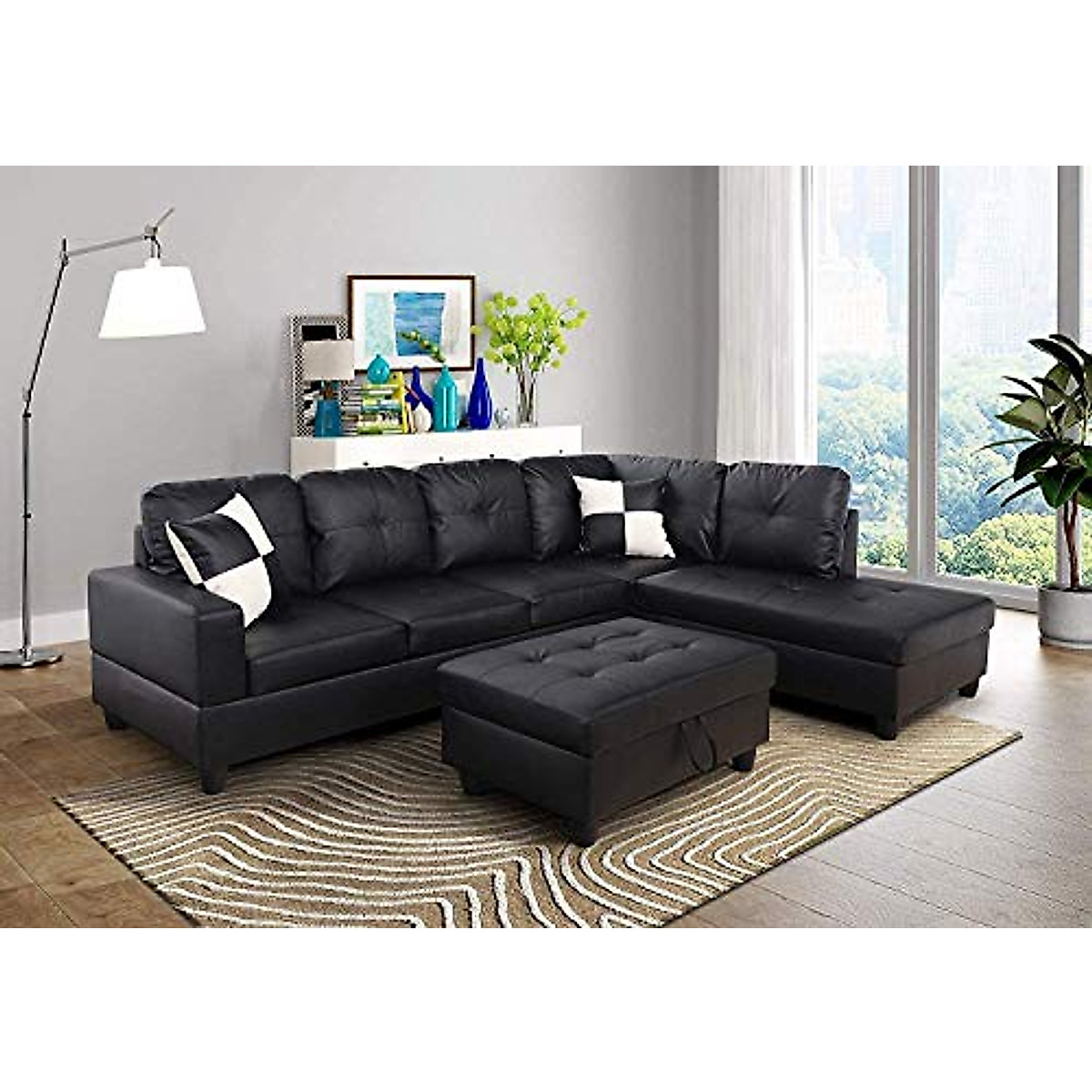 FlashBuy Sofa Sectional Sofa, L-Shape Faux Leather Sectional Sofa Couch Set with Chaise, Ottoman, 2 Toss Pillow Using for Living Room Furniture.（Black）