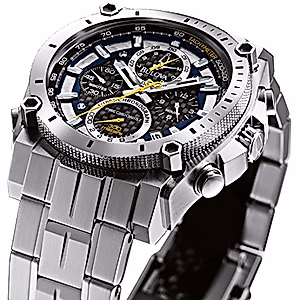 Bulova Men's Precisionist in Stainless Steel with 8-Hand Chronograph Watch, Blue and Yellow Accents, Black Dial Style: 96B175