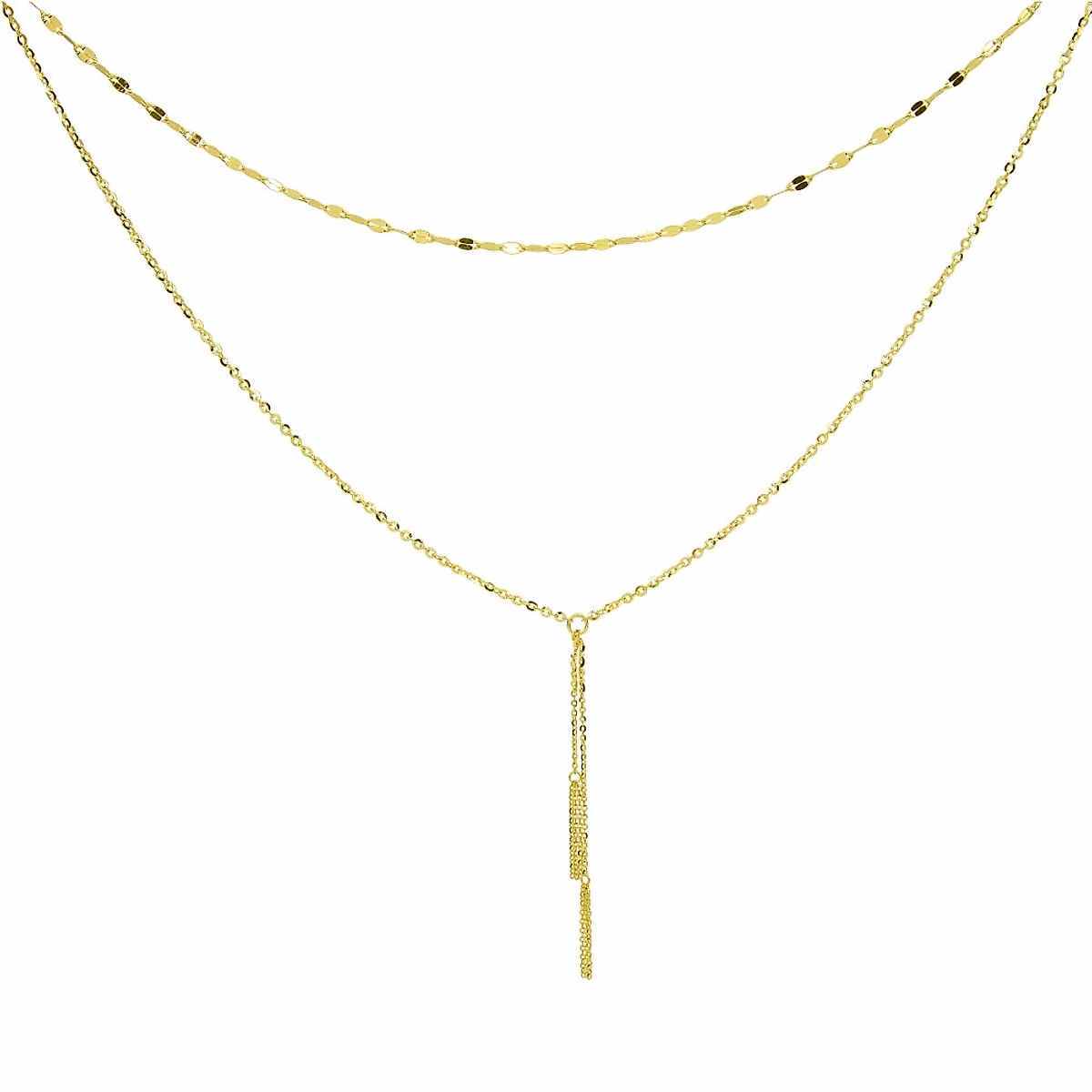 Hoops & Loops 14K Yellow Gold Italian Chain Hammered Mariner Layered Dainty Lariat Y-Necklace