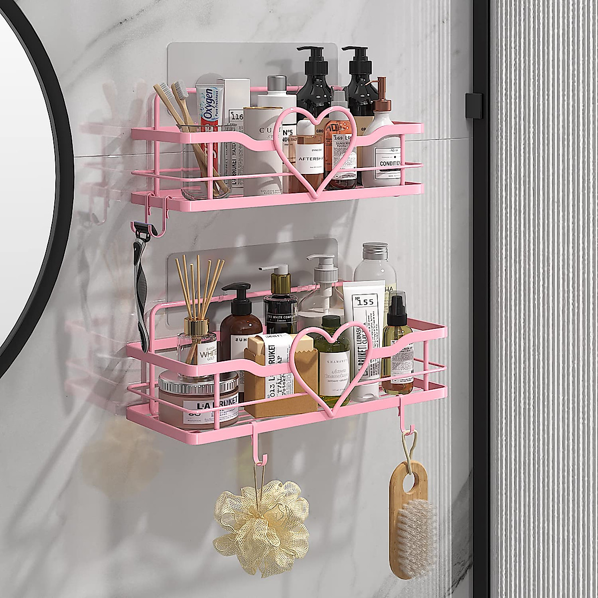 FLCITY Pink Shower Caddy with 4 Removable Hooks, 2 Pack Sweet Heart Shower Shelves,No Drilling Adhesive Organizer Shelf for Bathroom Shower,Kitchen,Bedroom