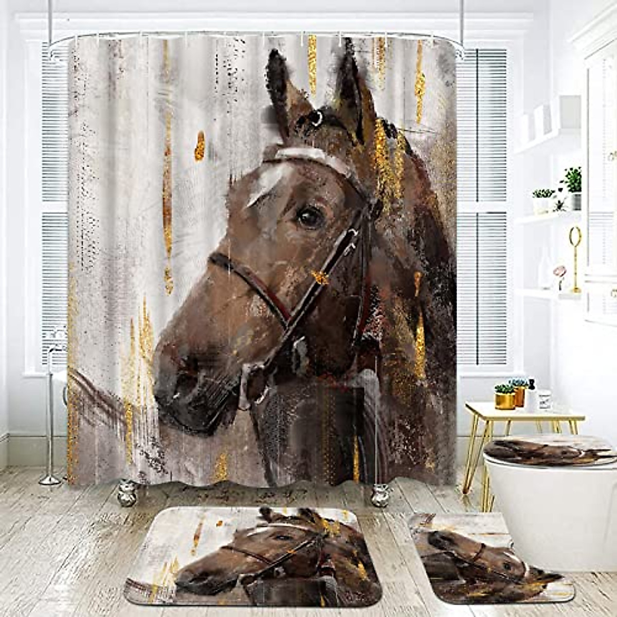 SiMiWOW Horse Shower Curtain Western Cowboy Shower Curtain Set with Rugs Wild Animal Shower Curtain with Hooks,Brown Horse Bath Mat Bath Rugs Bathroom Decor Set of 4 Pieces