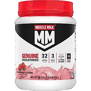 Muscle Milk Genuine Protein Powder, Strawberries ‘N Crème, 1.93 Pounds, 12 Servings, 32g Protein, 3g Sugar, Calcium, Vitamins A, C & D, NSF Certified for Sport, Energizing Snack, Packaging May Vary