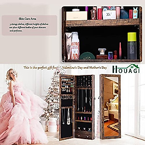 HOUAGI Mirror with Jewelry Storage,Over the Door Jewelry Armoire Organizer, Lockable Hanging/Wall Mount Jewelry Cabinet with Full Length Mirror