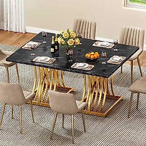 DWVO Modern Dining Table for 4 People 47 Inch Rectangular Kitchen Table with Faux Marble Tabletop and Gold Geometric Legs Small Dinner Table Kitchen & Dining Room Furniture Black & Gold