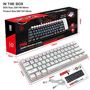 Snpurdiri Wired 60% Mechanical Gaming Keyboard, Blue Switch Anti-Ghosting 61 Key Keyboard with RGB Backlit and Double Foot, Ultra-Compact White
