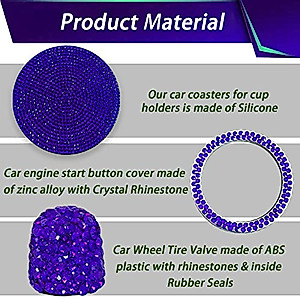 3 Style Bling Car Accessories Set, Car Tire Valve Stem Caps, Car Engine Start Stop Decoration Ring, Crystal Rhinestone Car Cup Holder Coasters, for Women Suits for Most Cars, Trucks and RVs, Blue