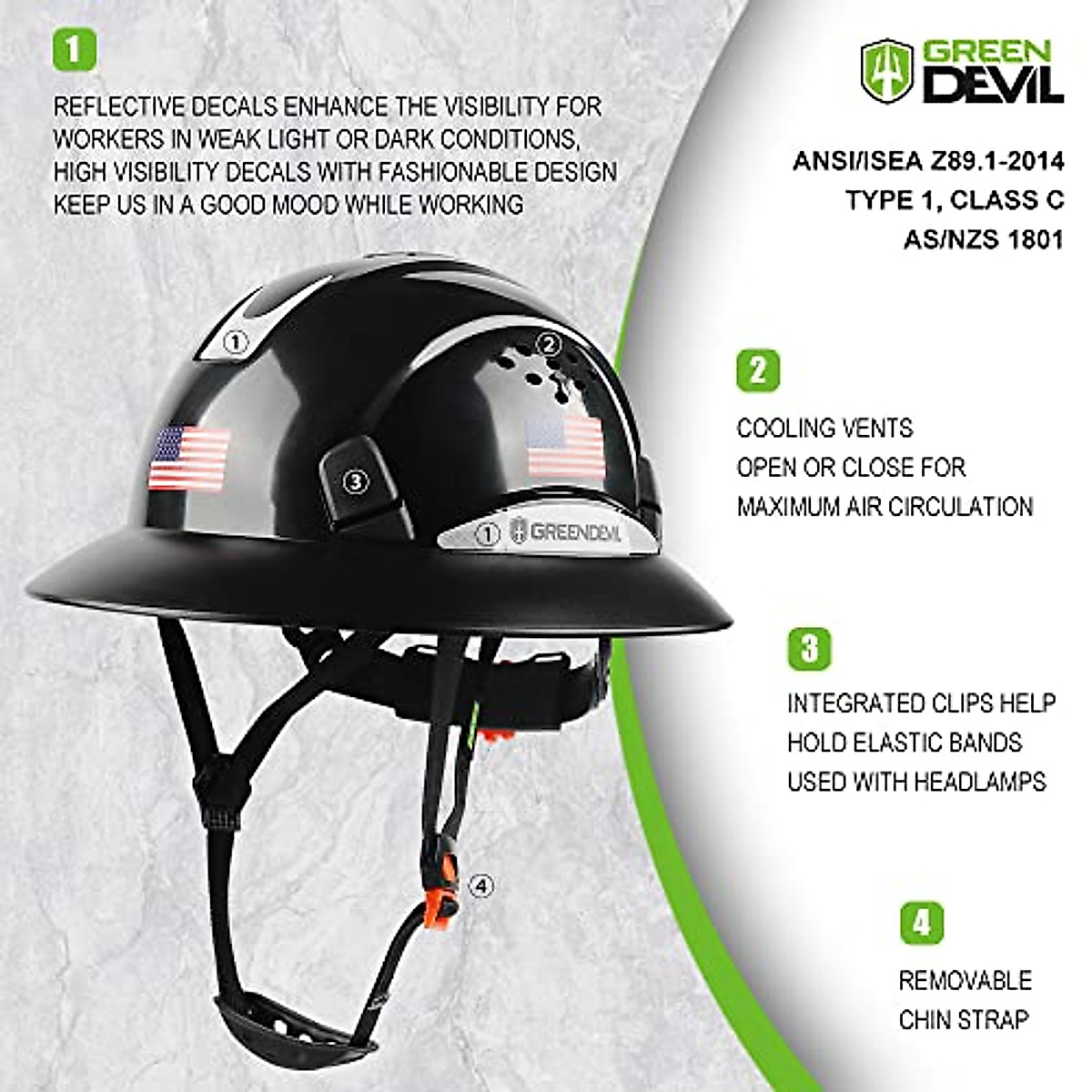 Full Brim Hard Hat Vented Construction Safety Helmet OSHA Approved Cascos De Construccion Work Hardhats with Cooling Towel for Men&Women 6 Point Adjustable Ratchet Suspension