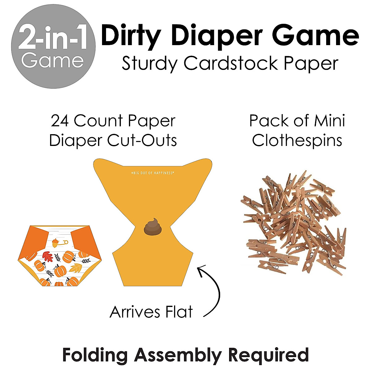 Big Dot of Happiness Fall Pumpkin - Halloween or Thanksgiving Baby Shower Conversation Starter - 2-in-1 Dirty Diaper Game - Set of 24