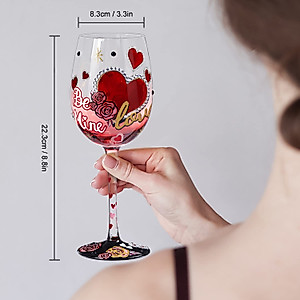 NymphFable Hand Painted Wine Glass Rose Heart Wine Glass for Her Wedding Anniversary Birthday Gift,15oz