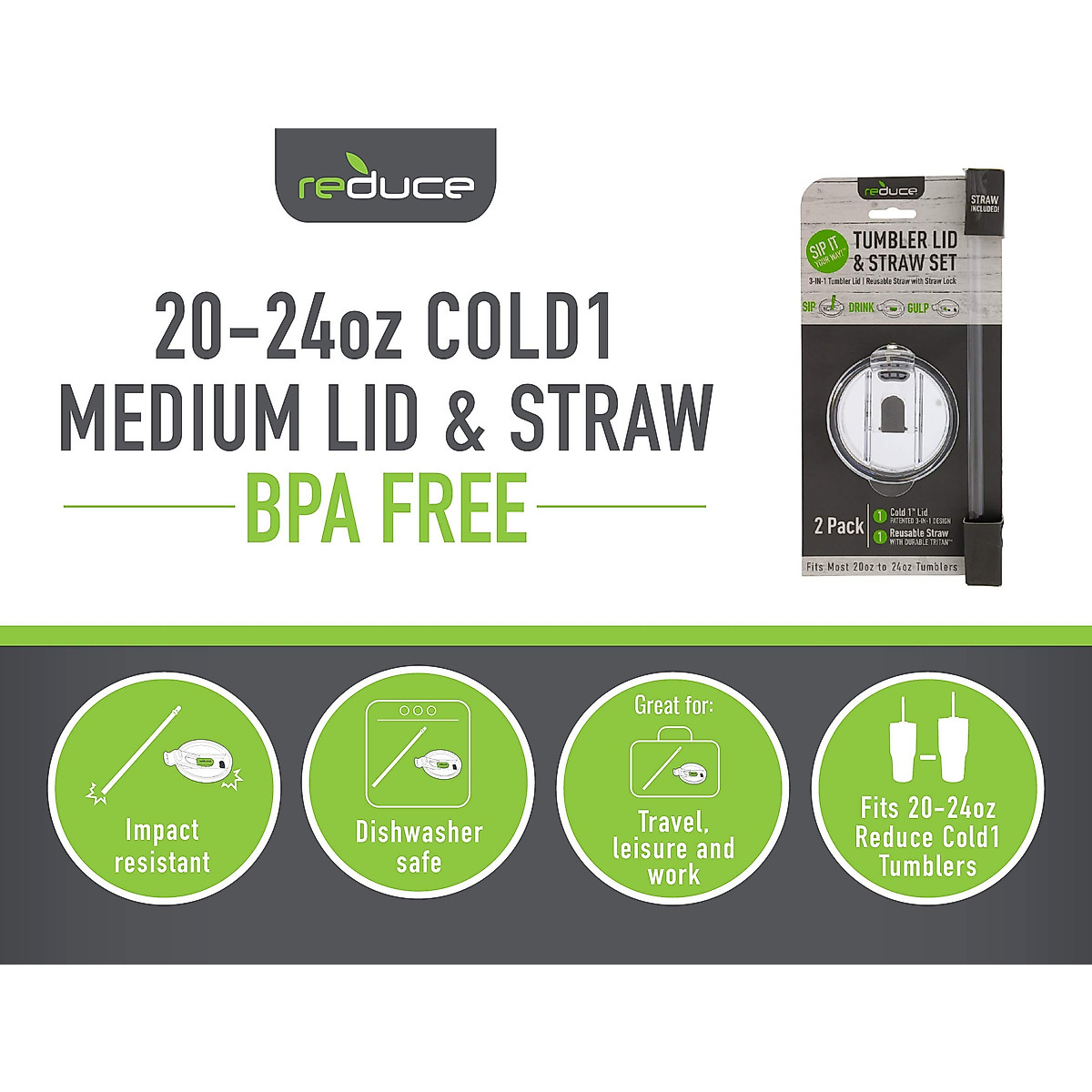 REDUCE brand Cold1 Tumblers or Mugs 20-24oz mouth Replacement Lid (3.5 inch diameter) and Straw (10.6 inch) set, Clear, BPA Free, Dishwasher safe, Durable, Reusable, Spill Proof Lid, Medium