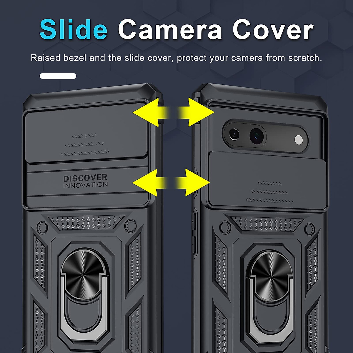 Janmitta Google Pixel 7a Case Built in Slide Camera Lens Cover+Screen Protector [2 Pcs]+Finger Ring Holder Kickstand,Heavy Duty Shockproof Full Body Protective Cover,2023 Black