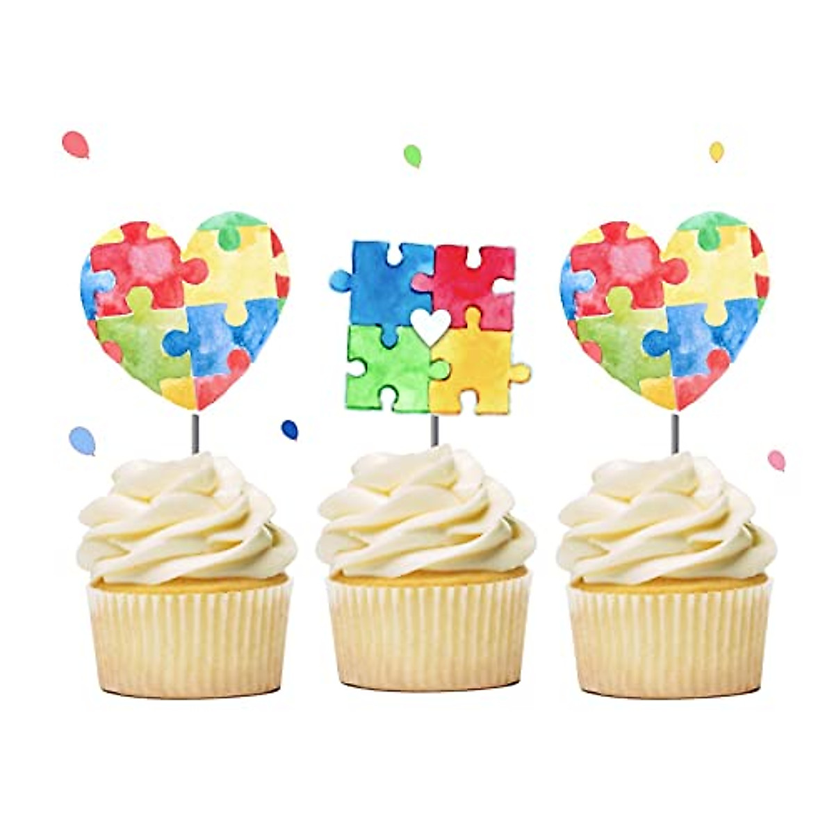 Autism Cupcake Toppers 12 pcs, Puzzle Cake Picks, Colorful Heart Birthday Decoration Party Supplies