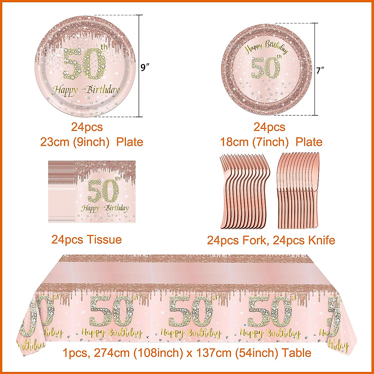 Rose Gold Birthday Party Supplies,Disposable Party Tableware Sets - 50 Years Paper Plates,Napkins,Forks ,Knives,Tablecloths,50th Birthday Decorations for Women,Service 24 Guests
