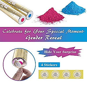 Gender Reveal Confetti Powder Cannon - 2 Blue & 2 Pink Baby Shower Poppers - Gender Reveal Party Supplies - Smoke Powder & Confetti Cannons with 4 Stickers, Mixed Confetti & Powder