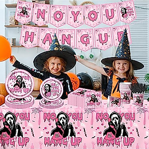 Halloween Scream Birthday Decorations-142pcs No You Hang Up Tableware,Pink Scream Halloween Party Plates Napkins Cups Tablecloth Banner for Girl Halloween Birthday Party Horror Decor
