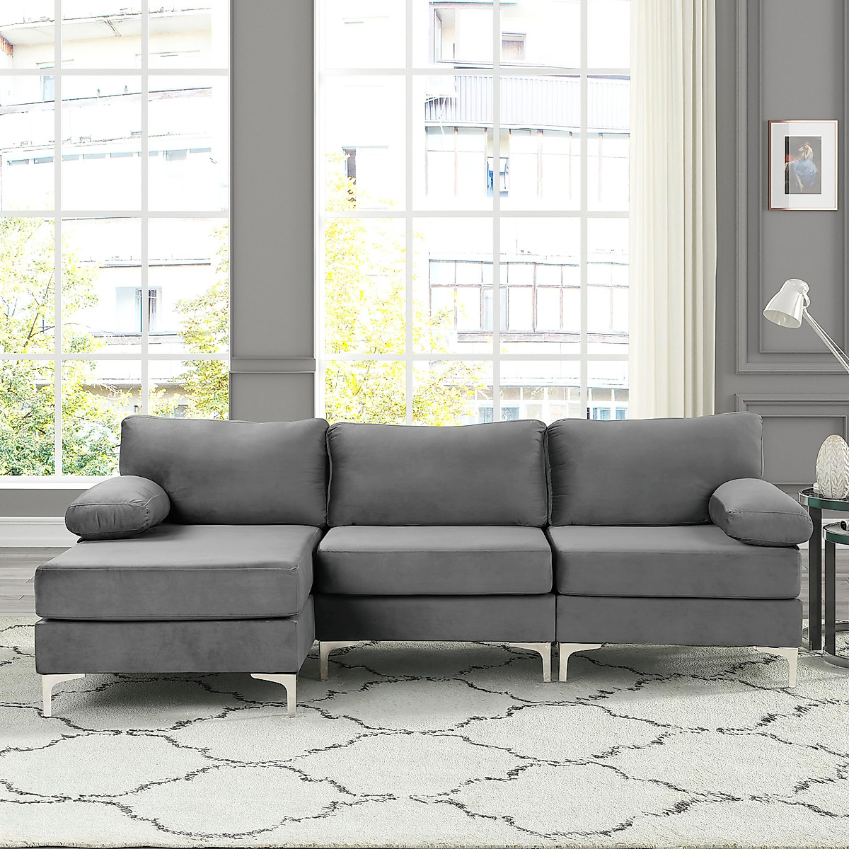 Casa Andrea Milano Modern Velvet Fabric Sectional Sofa, L-Shape Couch with Extra Wide Chaise Lounge