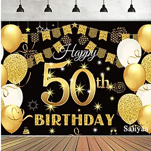 Saliyaa 7x5ft Happy 50th Birthday Backdrop,Happy Birthday Party Decoration, Black Gold Birthday Sign Poster Photo Booth Backdrop Background Banner for Men Women 50th Bday Anniversary Party Supplies