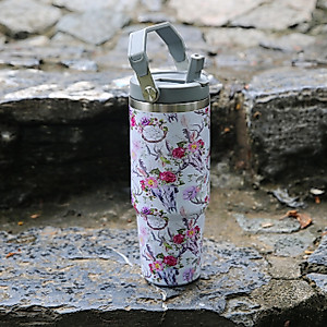 PRAGDUCT Cow Skull Tumbler with Handle and Lid Straw, 30 oz Stainless Steel Travel Mug for Hot and Cold Drinks, Mother's Day gift West Floral Design (White cow skull, 30OZ)