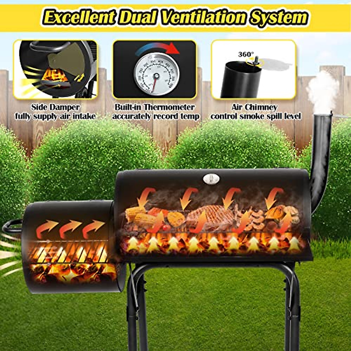 Barrel Charcoal Grill with Offset Smoker, HaSteeL Outdoor BBQ Grill Set of 15, Large Camping Grill for Patio Backyard Garden Smoking Barbecue, Grill Cover, Spatula, Tong, Brush, Fork, Carrying Bag