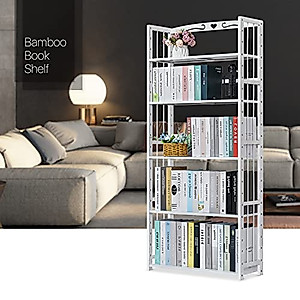 MoNiBloom Tall 5 Tier Bookshelf, Bamboo Multifunction Free-Standing Storage Bookcase Display Shelf Organizers for Living Romm Home Office Study Room, White