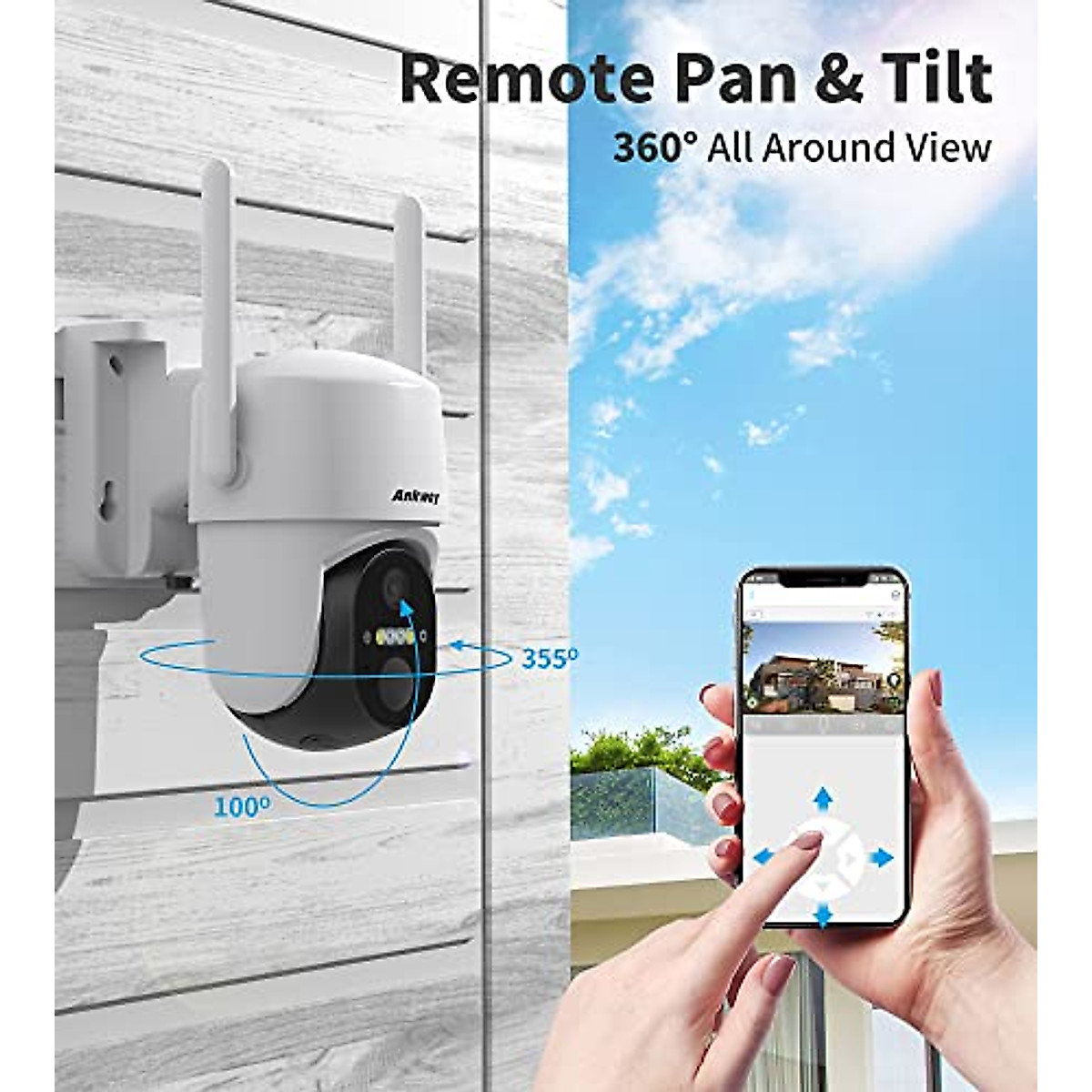 Ankway Solar Security Camera, 2K Wireless Outdoor Cameras with Smart App, Color Night Vision, 360° PTZ WiFi Camera for Video Surveillance, IP65, AI Detection, 2-Way Talk, 3.5W Solar Powered Panel