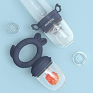 Freebear Baby Fruit Feeder Pacifer, Baby Teething Toys, Baby Feeding Spoon for First Stage, Silicone Feeder, Infants Teether, Baby Food Feeding Supplies (2 in 1, Dark Blue)