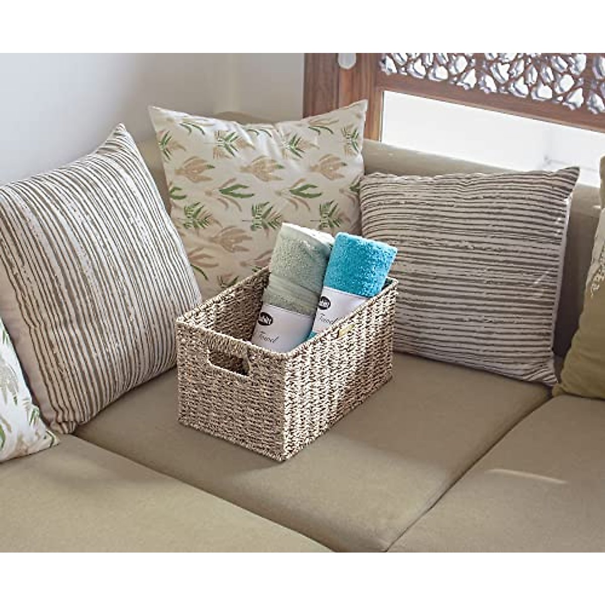 ADO Basics Seagrass Wicker Baskets for Organizing with Built-in Handles, Length 13", Width 8.3", Height 7.1", Set of 2
