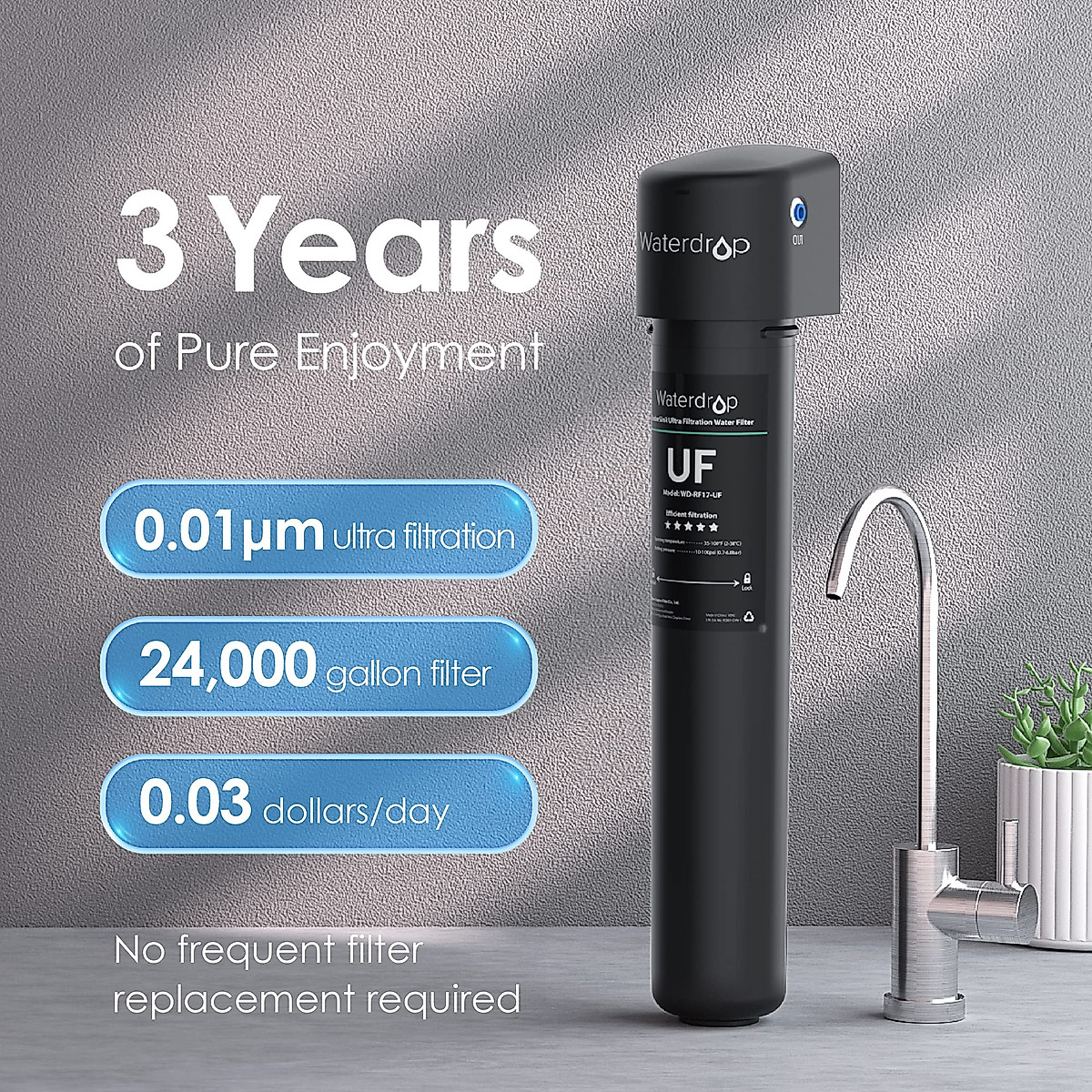 Waterdrop 17UB-UF Under Sink Water Filter System, 0.01 Micron Filtration, Reduces Chlorine, Lead, Bad Taste & Odor, 24K Gallons, with Dedicated Brushed Nickel Faucet, USA Tech