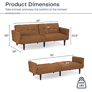 Opohoro Convertible Sofa Bed - 2-Seater Loveseat Sofa with Breathable Polyester Fabric Futon Couch for Living Room Apartment Office Bedroom-Brown