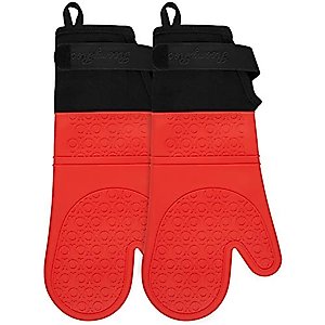 Silicone Oven Mitts with Adjustable Cuff, RoomyRoc Oven Mitt with Non-Slip Grip and Thicker Liner, Heat Resistant Pot Holders, Extra Long Professional Soft Flexible Oven Gloves, Red, 1 Pair, 14.7 Inch