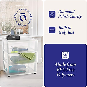HOMZ Drawer Tower, 3-Tier Wide Clear Plastic Storage Organizer Cart, White Frame