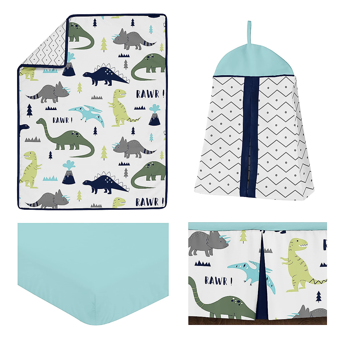 Sweet Jojo Designs Navy Blue and Green Modern Dinosaur Baby Boys or Girls 4 Piece Crib Bedding Set for Mod Dino Collection