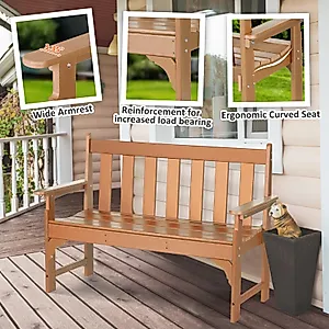 nalone Outdoor Bench, HDPE All Weather Patio Bench Load up to 800 Lbs, 2-Person Garden Bench Rot-Proof Fade Proof for Patio, Porch, and Park (Teak)