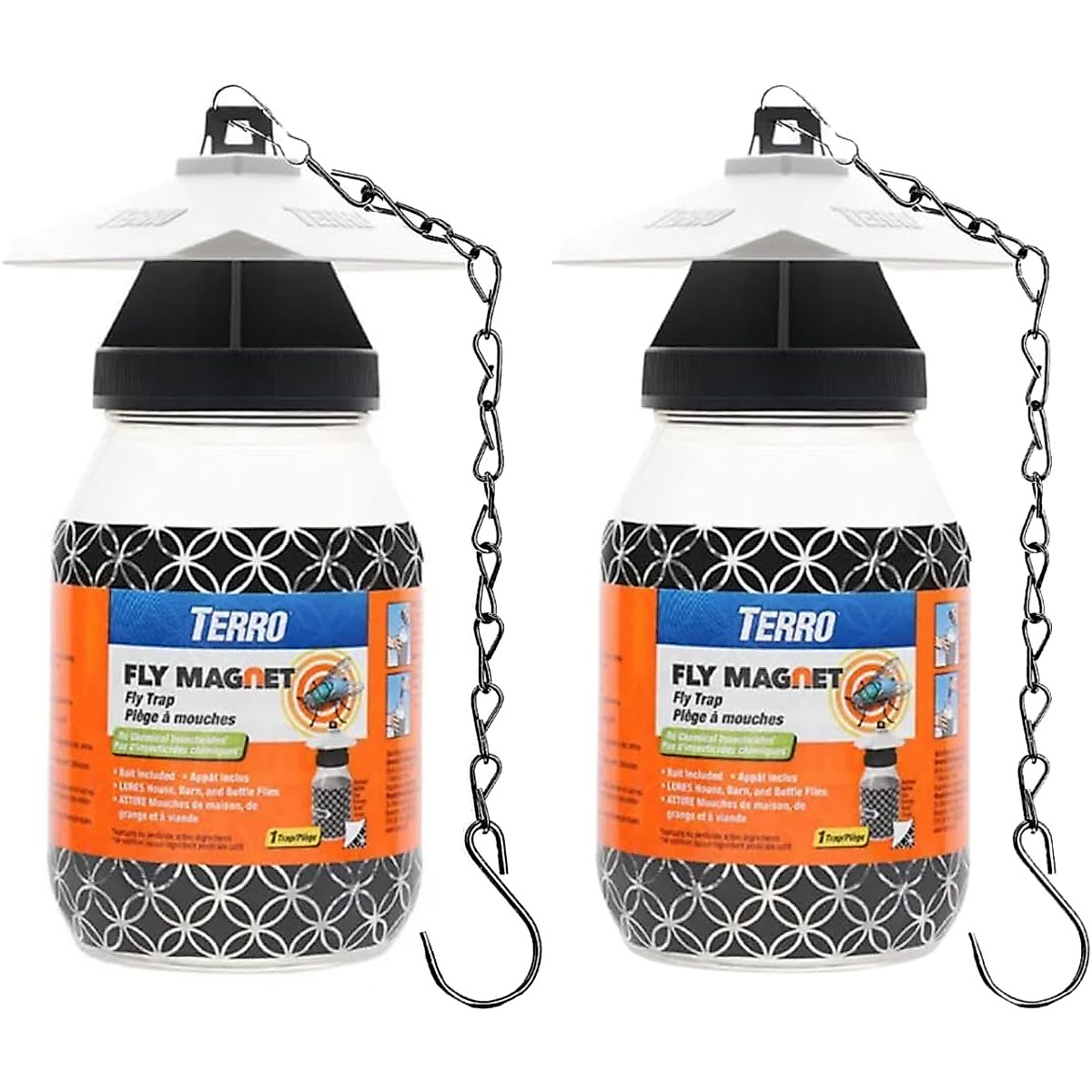 Plexon TERRO Fly Magnet, Reusable Fly Trap - Includes One Fly Bait Packet and Heavy Duty 9.5 PLEXON Hanging Chain (2 Traps)