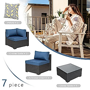 Walsunny 7 Pieces Patio Outdoor Furniture Sets,Low Back All-Weather Rattan Sectional Sofa with Tea Table&Washable Couch Cushions (Aegean Blue)