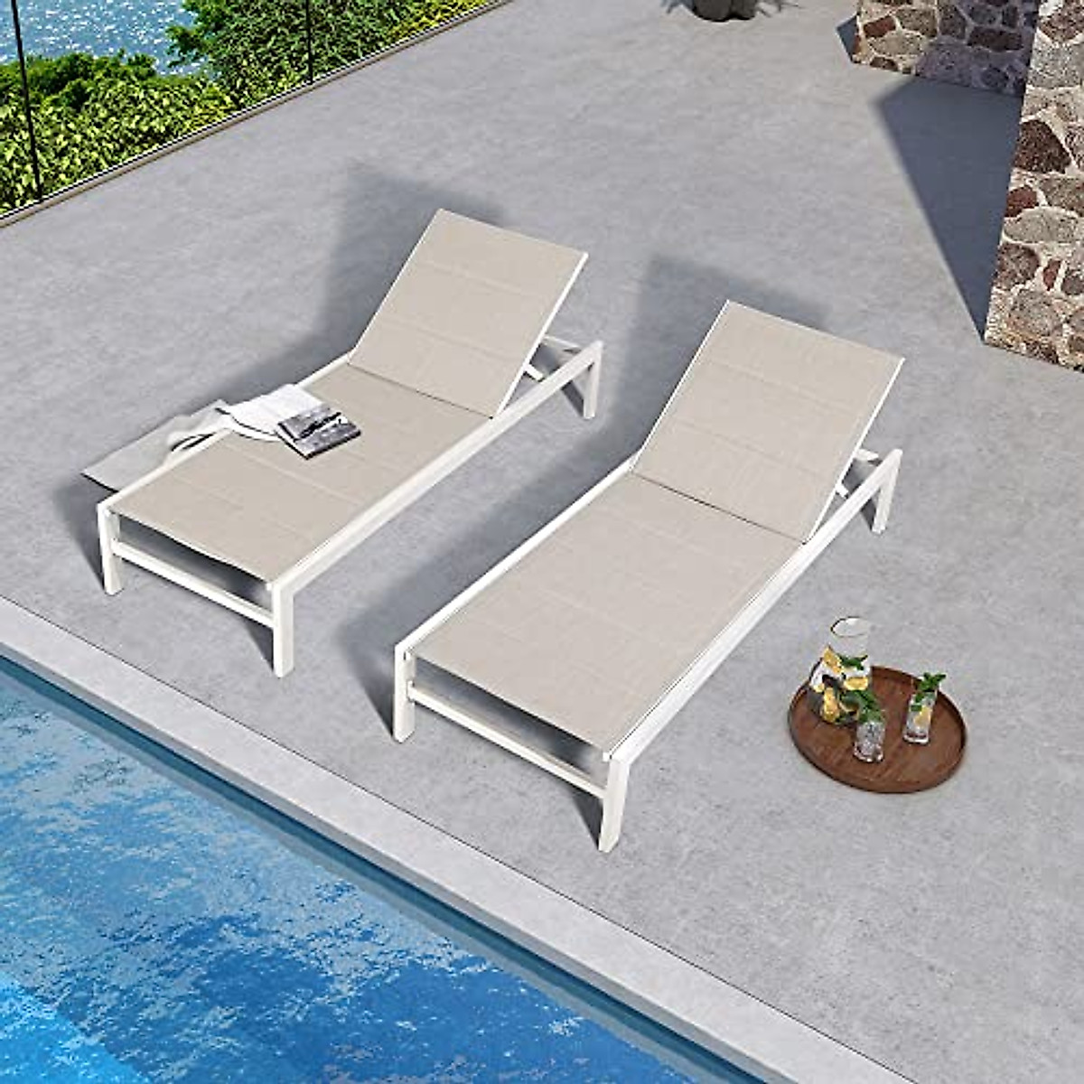 Ulaxfurniture Outdoor Lounge Chair, Aluminum Chaise Chair, Adjustable Lounger Recliner with Wheels and Padded Quick Dry Foam for Patio (2 x Chair, Beige)